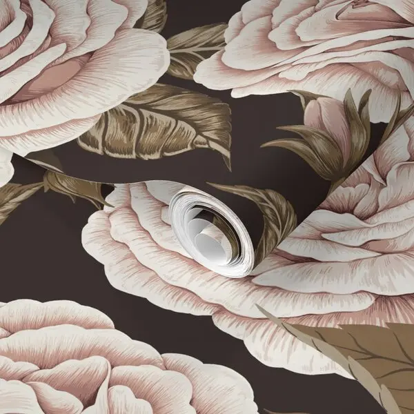 Spoonflower Roses Dark Academia Pink Flowers Brown Floral Rose Custom Pre-pasted Wallpaper - Brown,pink