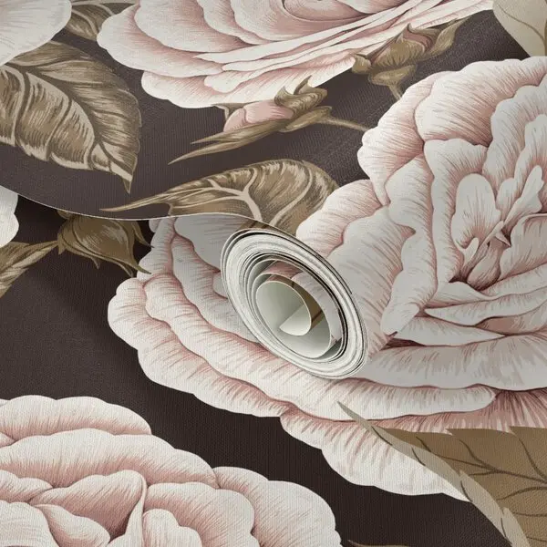 Spoonflower Roses Dark Academia Pink Flowers Brown Floral Rose Custom Pre-pasted Wallpaper - Brown,pink