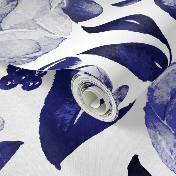 Spoonflower Blue White Floral Watercolor Navy China Modern Custom Pre-pasted Wallpaper - Blue,gray,purple