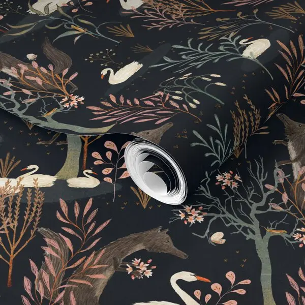 Spoonflower Pink Black Nature Forest Woodland Dark Swan Traditional Wallpaper - Black,brown,gray