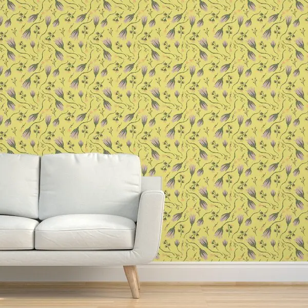 Spoonflower Florals On Bright 100% Natural Sisal Grasscloth Wallcovering - Yellow