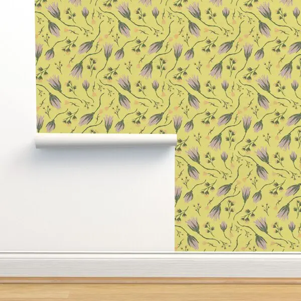 Spoonflower Florals On Bright 100% Natural Sisal Grasscloth Wallcovering - Yellow