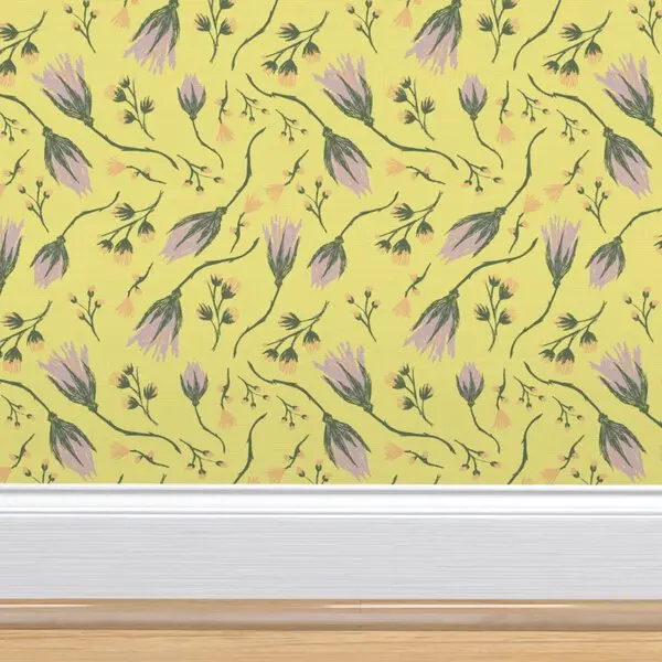 Spoonflower Florals On Bright 100% Natural Sisal Grasscloth Wallcovering - Yellow
