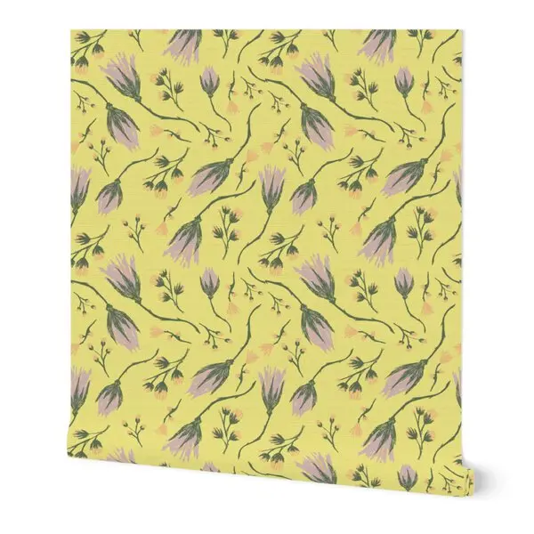 Spoonflower Florals On Bright 100% Natural Sisal Grasscloth Wallcovering - Yellow