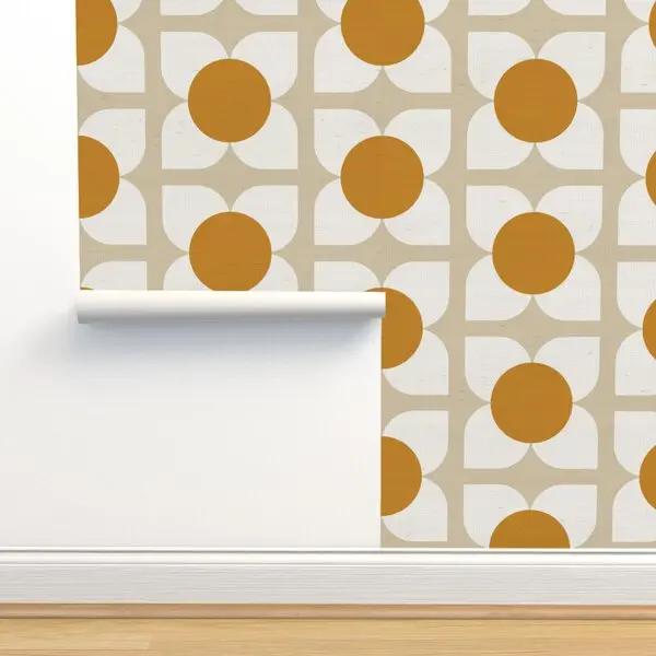 Spoonflower Geo Floral Neutral Yellow 100% Natural Sisal Grasscloth Wallcovering