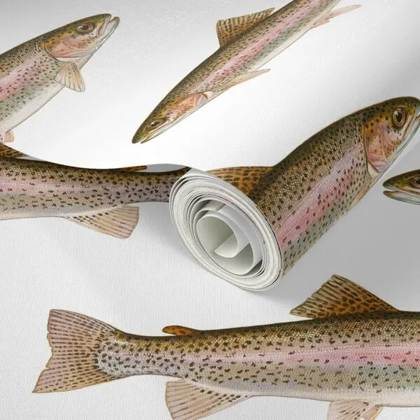 Spoonflower Rainbow Trout White Fishing Fish Custom Removable Wallpaper