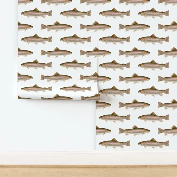 Spoonflower Rainbow Trout White Fishing Fish Custom Removable Wallpaper