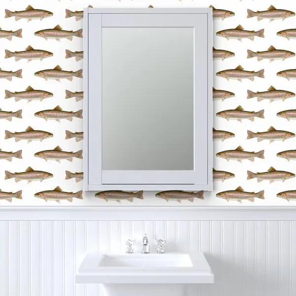 Spoonflower Rainbow Trout White Fishing Fish Custom Removable Wallpaper