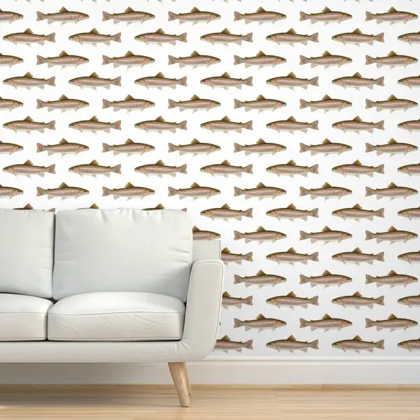 Spoonflower Rainbow Trout White Fishing Fish Custom Removable Wallpaper
