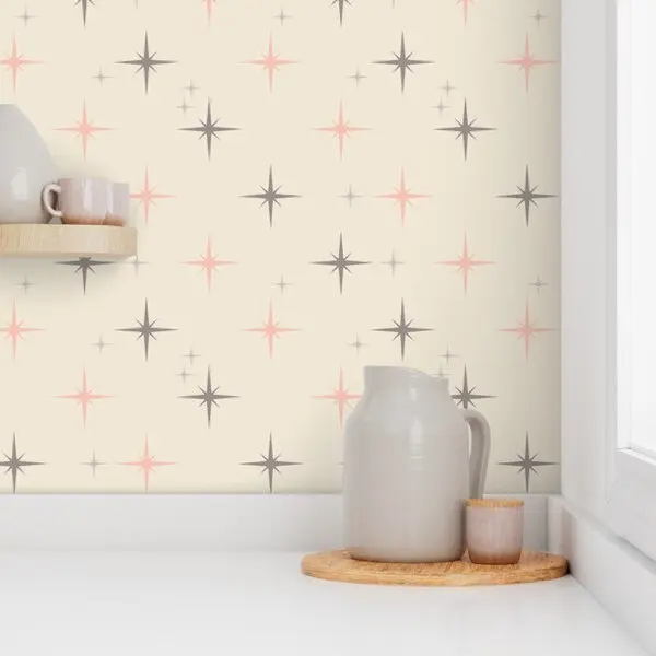 Spoonflower Starburst Mid Century Atomic Retro 1950s Custom Removable Wallpaper - Gray