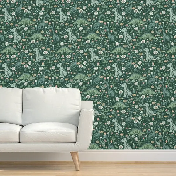 Spoonflower Folk Floral Dinosaur 100% Natural Sisal Grasscloth Wallcovering - Green,mint,sage