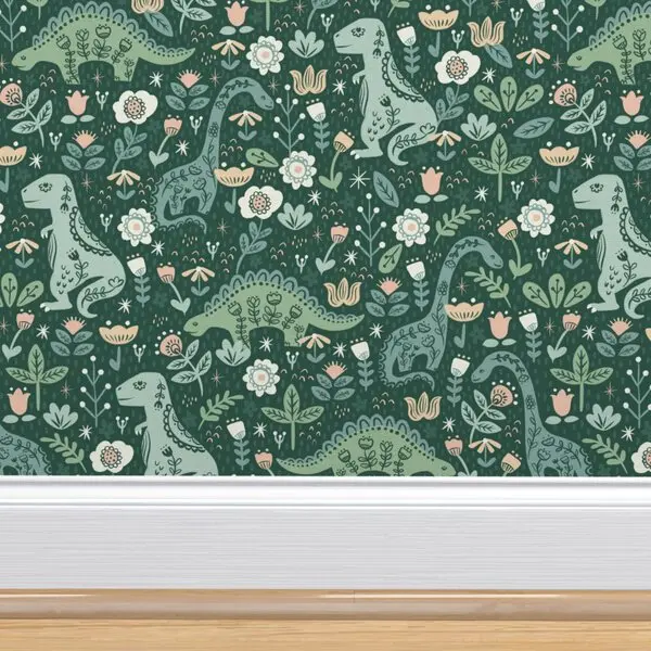 Spoonflower Folk Floral Dinosaur 100% Natural Sisal Grasscloth Wallcovering - Green,mint,sage