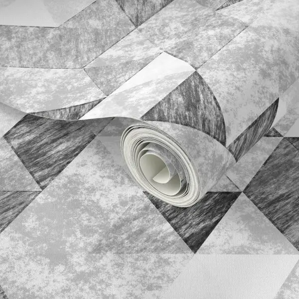 Spoonflower White Triangles Grunge Pencil Geometric Grey Custom Pre-pasted Wallpaper - Gray,white,black