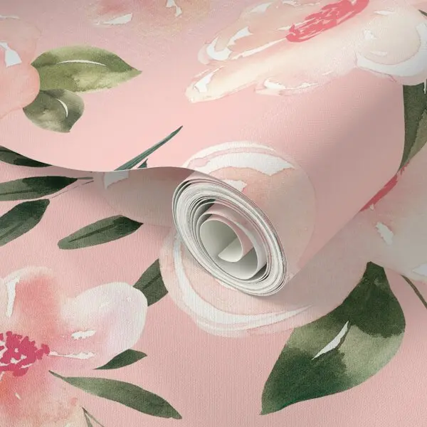 Spoonflower Pink Vintage Spring Floral Whimsical Roses Custom Pre-pasted Wallpaper - Pink,green