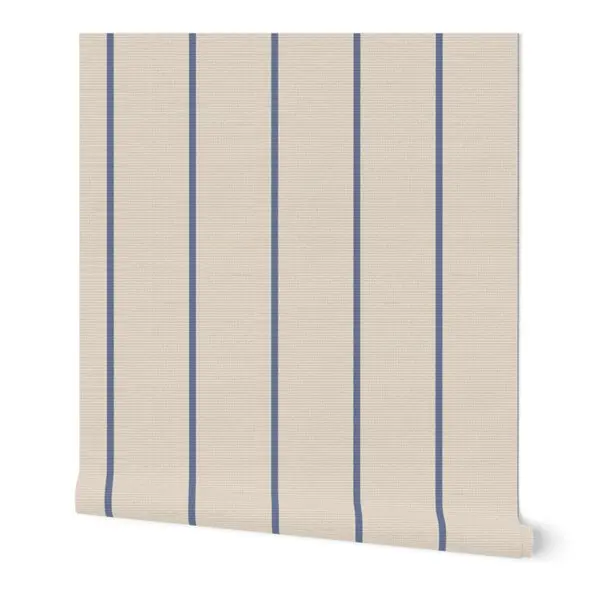 Spoonflower French Blue Stripe 1 100% Natural Sisal Grasscloth Wallcovering - Blue,white
