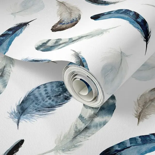 Spoonflower Bird Blue Light Feather Feathers Trendy Tribal Custom Removable Wallpaper - Mint,blue,brown
