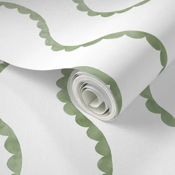 Spoonflower Watercolor Waves Scalloped Green White Stripes Custom Pre-pasted Wallpaper - White,green