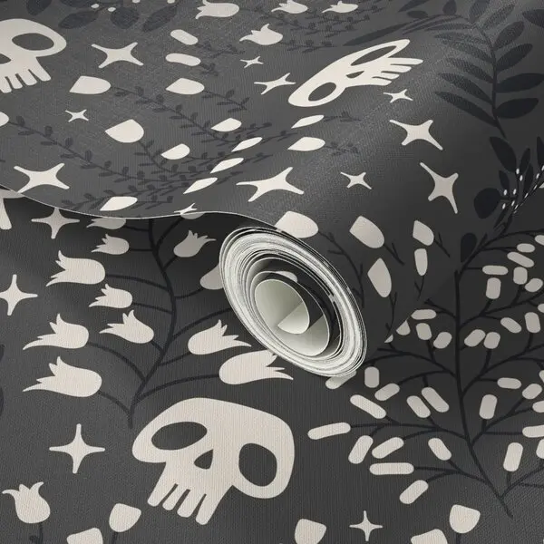 Spoonflower Halloween Skulls Black White Flowers Stars Floral Custom Pre-pasted Wallpaper - Gray,black,white