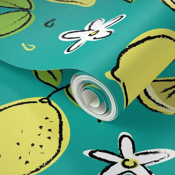 Spoonflower Lemons Lemon Kitchen Italy Fruit Citrus Summer Custom Removable Wallpaper - Yellow,green,black