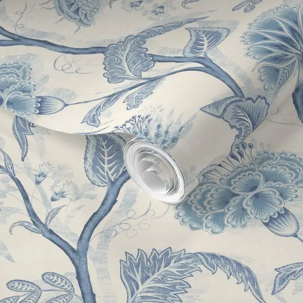 Spoonflower Chintz Floral Chinoiserie Soft Blue Cream Decor Traditional Wallpaper - Blue,beige,indigo