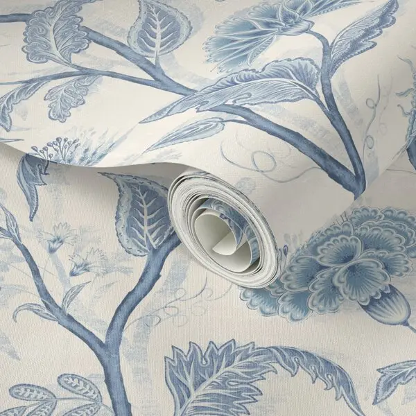 Spoonflower Chintz Floral Chinoiserie Soft Blue Cream Decor Custom Removable Wallpaper - Blue,beige,indigo