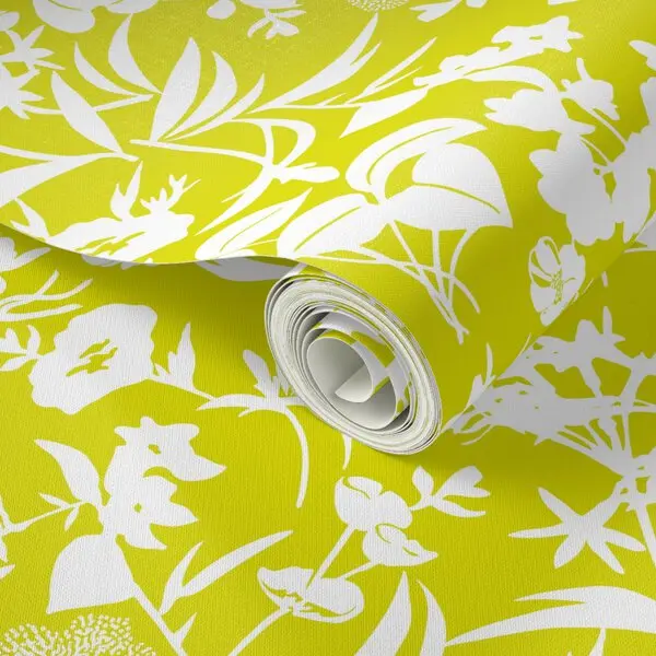 Spoonflower Tropical Blooms White Chartreuse Custom Removable Wallpaper - Yellow,beige,green
