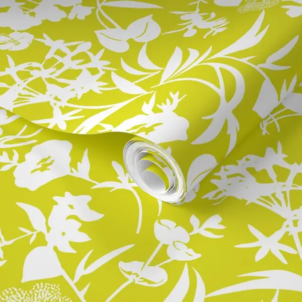 Spoonflower Tropical Blooms White Chartreuse Custom Removable Wallpaper - Yellow,beige,green