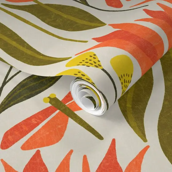 Spoonflower Orange Green Flowers Butterfly Elegant Garden Custom Pre-pasted Wallpaper - Green,orange