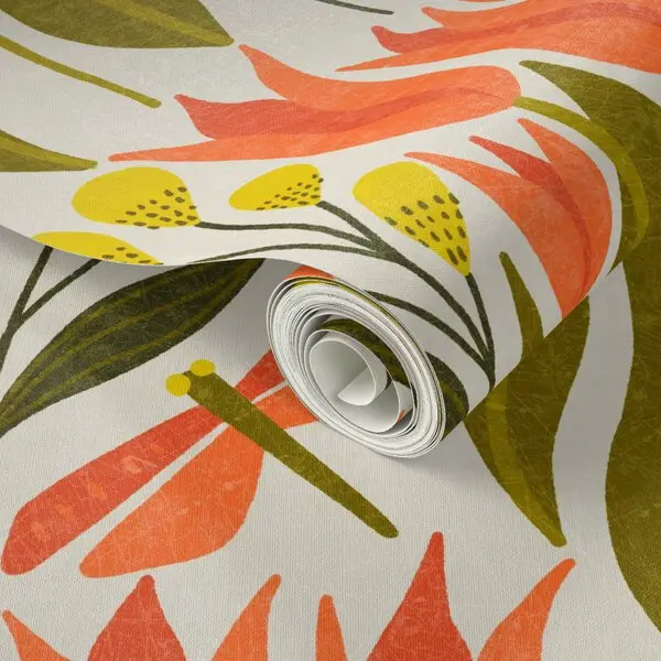 Spoonflower Orange Green Flowers Butterfly Elegant Garden Custom Pre-pasted Wallpaper - Green,orange
