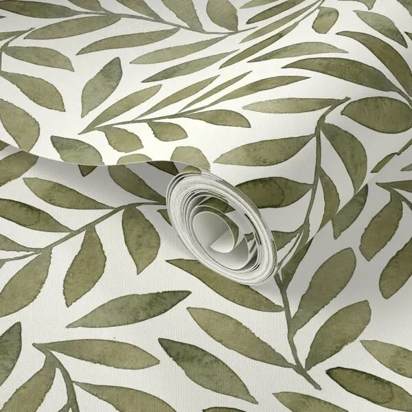 Spoonflower Green Leaves Ivory Garden Plant Custom Removable Wallpaper - Green,beige,ivory
