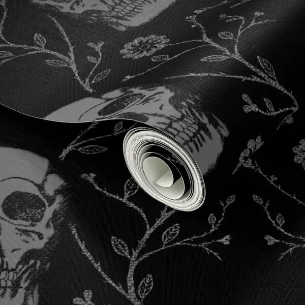 Spoonflower Vintage Skull Damask Black Grey Spooky Bone Zombie Custom Pre-pasted Wallpaper - Black,gray
