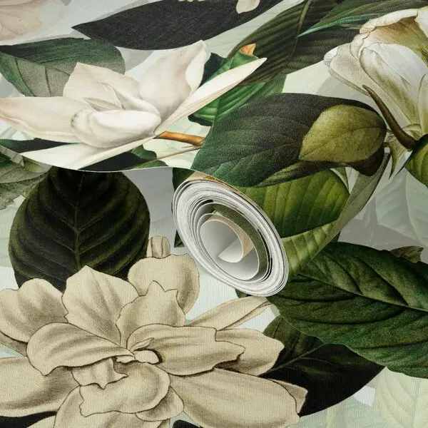 Spoonflower Antique Flowers Vintage Magnolias White Summer Custom Pre-pasted Wallpaper - White,green,beige