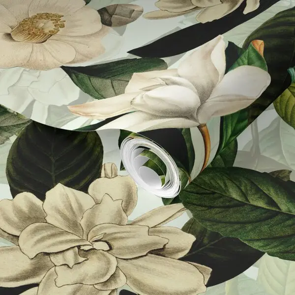 Spoonflower Antique Flowers Vintage Magnolias White Summer Custom Pre-pasted Wallpaper - White,green,beige