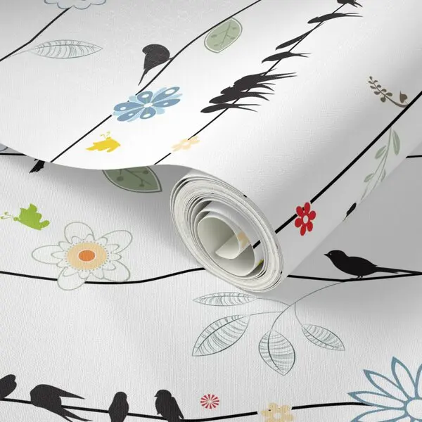 Spoonflower Flower Leaves Birds Custom Removable Wallpaper - Gray,black,blue
