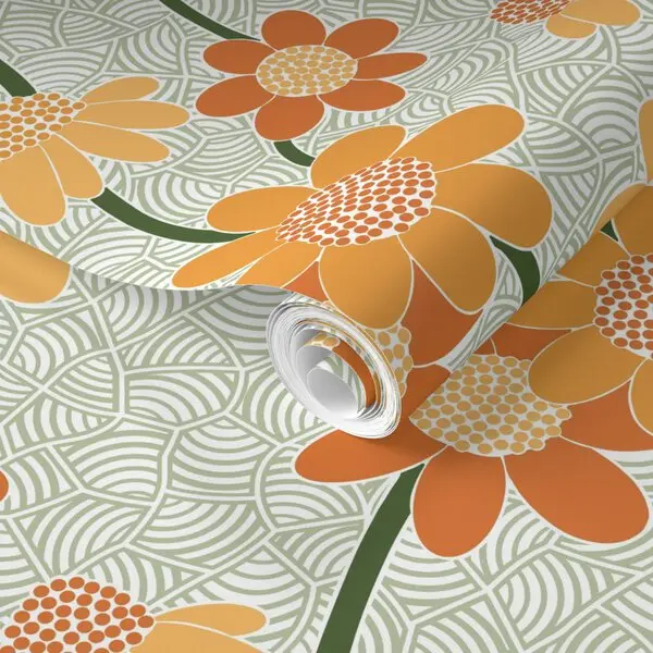 Spoonflower Pretty Retro Flowers Yellow Orange Colorful Custom Pre-pasted Wallpaper - Orange,green,yellow