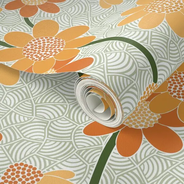 Spoonflower Pretty Retro Flowers Yellow Orange Colorful Custom Pre-pasted Wallpaper - Orange,green,yellow