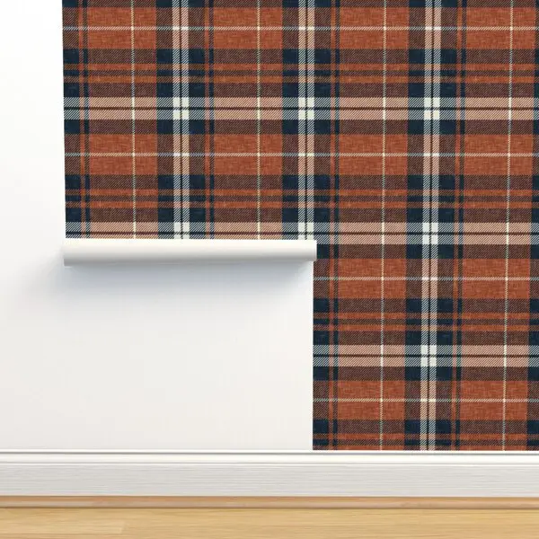 Spoonflower Fall Plaid Rust Dark Blue Lad21 100% Natural Sisal Grasscloth Wallcovering