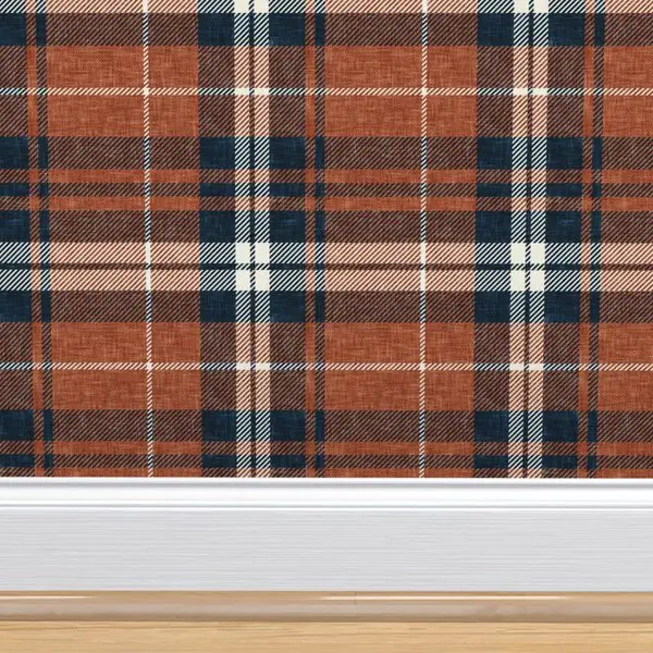 Spoonflower Fall Plaid Rust Dark Blue Lad21 100% Natural Sisal Grasscloth Wallcovering