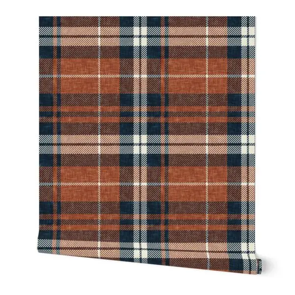 Spoonflower Fall Plaid Rust Dark Blue Lad21 100% Natural Sisal Grasscloth Wallcovering