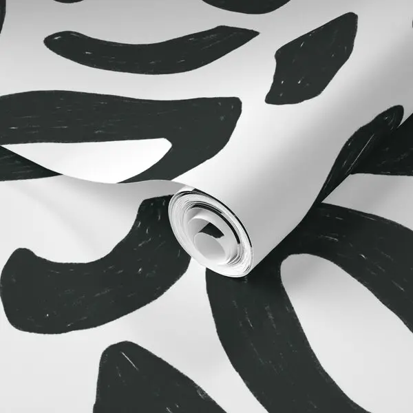 Spoonflower Black White Abstract Paint Strokes Blotches Modern Custom Pre-pasted Wallpaper - Black,white