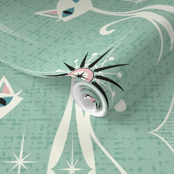Spoonflower Diamond Cats Vintage Diamonds Retro Mint Cat 1950s Custom Pre-pasted Wallpaper - Green,mint,blue