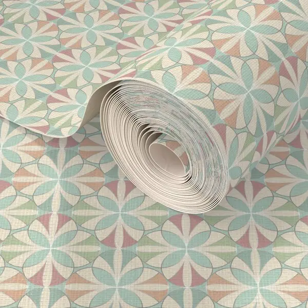 Spoonflower Fusion 50s Diner Style Portuguese Tiling Aqua M 100% Natural Sisal Grasscloth Wallcovering - Pink,blue,coral