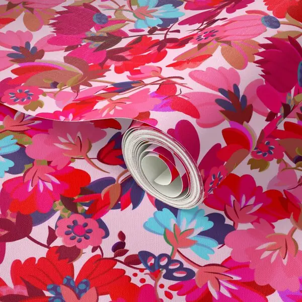 Spoonflower Large Pink Blue Flowers Floral Garden Spring Custom Pre-pasted Wallpaper - Pink,blue