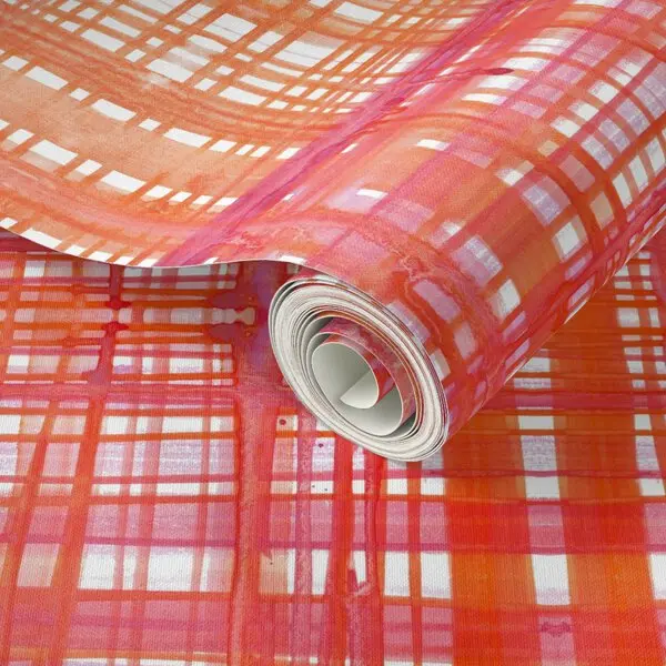 Spoonflower Orange Pink Plaid Tartan Custom Removable Wallpaper - Orange,pink,coral