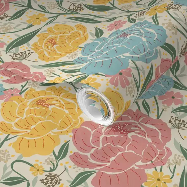 Spoonflower Vintage Peonies Pink Blue Yellow Flowers Floral Custom Removable Wallpaper - Pink,blue,yellow