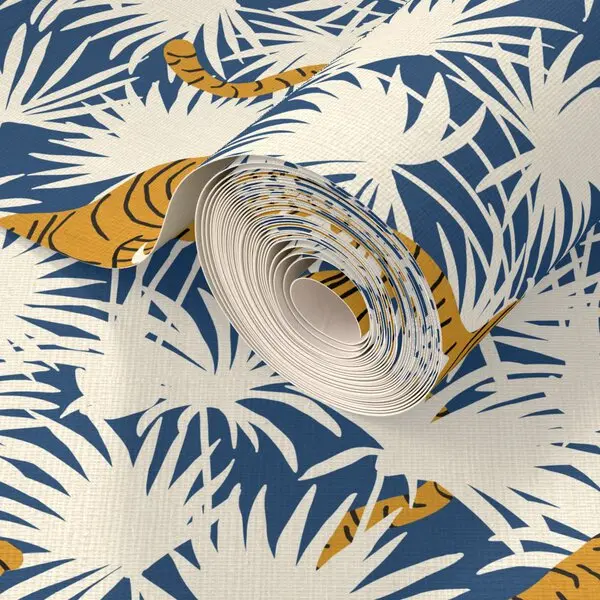 Spoonflower Frolicking Tigers Deep 100% Natural Sisal Grasscloth Wallcovering - Blue