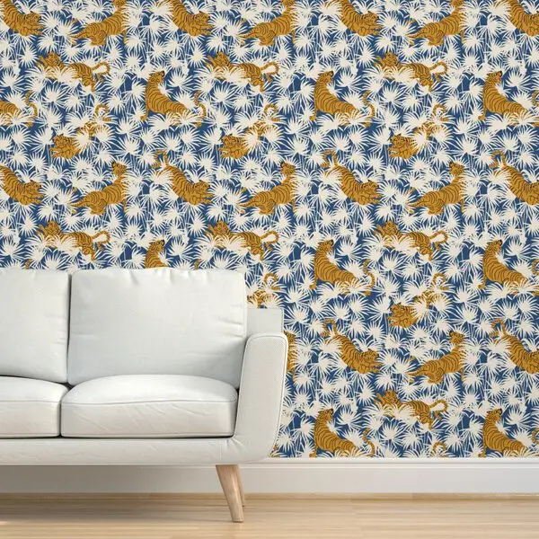 Spoonflower Frolicking Tigers Deep 100% Natural Sisal Grasscloth Wallcovering - Blue
