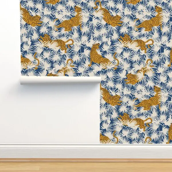 Spoonflower Frolicking Tigers Deep 100% Natural Sisal Grasscloth Wallcovering - Blue