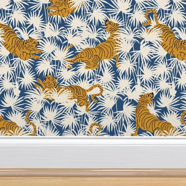 Spoonflower Frolicking Tigers Deep 100% Natural Sisal Grasscloth Wallcovering - Blue