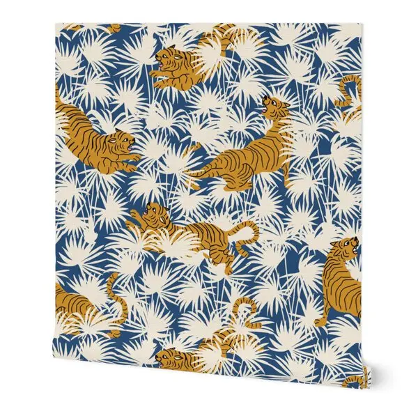 Spoonflower Frolicking Tigers Deep 100% Natural Sisal Grasscloth Wallcovering - Blue